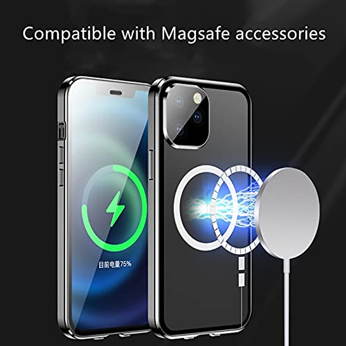 Jonwelsy Case for iPhone 13 Pro Max, 360 Degree Double-Sided Protection Compatible with Magsafe Magnetic Adsorption Metal Bumper Front Tempered Glass Back Frosted PC Cover for 13 Pro Max 6.7" (Blue)