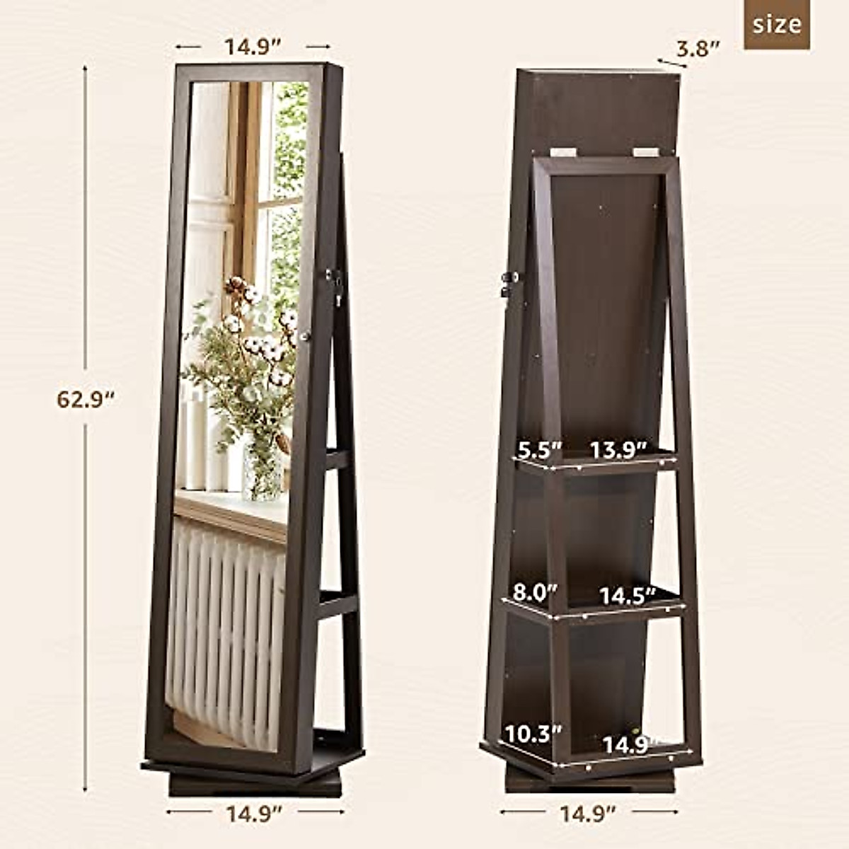 SERWALL 360 Rotating Jewelry Stand Organizer - Jewelry Armoire with Full-Length Mirror- Freestanding Dressing Mirror Jewelry Cabinet Storage - Brown