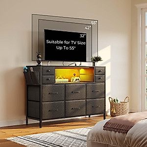 Rolanstar Dresser with Power Outlets and LED Lights, 10 Drawers Dresser with Side Pocket, Fabric Chest of Drawers with PU Finish, TV Stand with Wood Top for up to 55inch TV, Black,XL