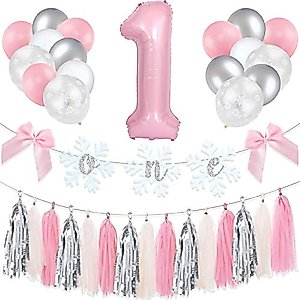 Winter 1st Birthday Girl Decoration One Snowflake Banner High Chair Pink Bow Garland Foil Balloon Paper Tassel Princess Cake Smash Supplies