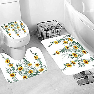 Mightree Shower Curtain Set of 4, Waterproof Fabric Bathroom Curtain with 12 Hooks, Toilet Lid Cover and Bath Mat, Non-Slip Rug Foot Mat, Sunflowers, Medium