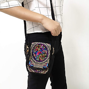 Honbay Yunnan Ethnic Style Handmade Embroidered Crossbody Bag Mini Flip Canvas Shoulder Bag for Women and Girls