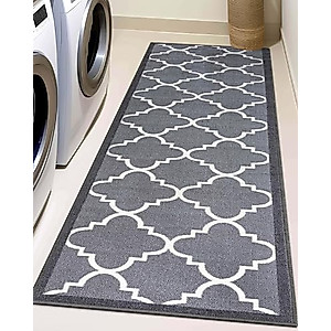 Well Woven Kings Court Brooklyn Trellis Grey - Non-Slip Rubber Backed Moroccan 2x7 Runner Rug - Hallway, Entryway & Kitchen - Kid & Pet Friendly, Easy-to-Clean, Machine-Washable, Low Looped Pile