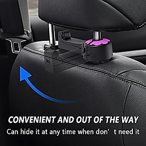 2 Pack of Upgraded 2 in 1 Car Seat Hooks 360 ° Rotation, with Cell Phone Holder, Hidden Seat Hooks, Can Hang Handbags, Purse, Toys, Groceries, Hook (2pcs-Purple)