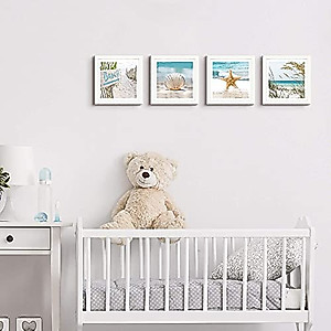 Ocean Wooden Framed Gallery Artwork: Beach Theme Starfish Wall Art Collection Conch Picture Prints Wall Decor Set of 4 for Bathroom (Multi-Style)