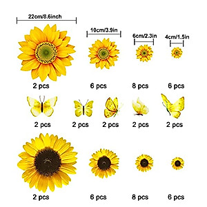 54 Pcs Sunflowers Wall Stickers - Large Sunflower Wall Decals Removable Yellow Flowers for Car Decals Kids Baby Bathroom Living Room