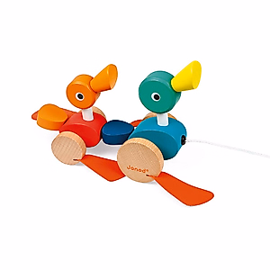 Janod Zigolos Pull Along Duck Family Early Learning and Motor Skills Toy with Flapping Feet Made of Beech and Cherry Wood for Ages 12 Months+