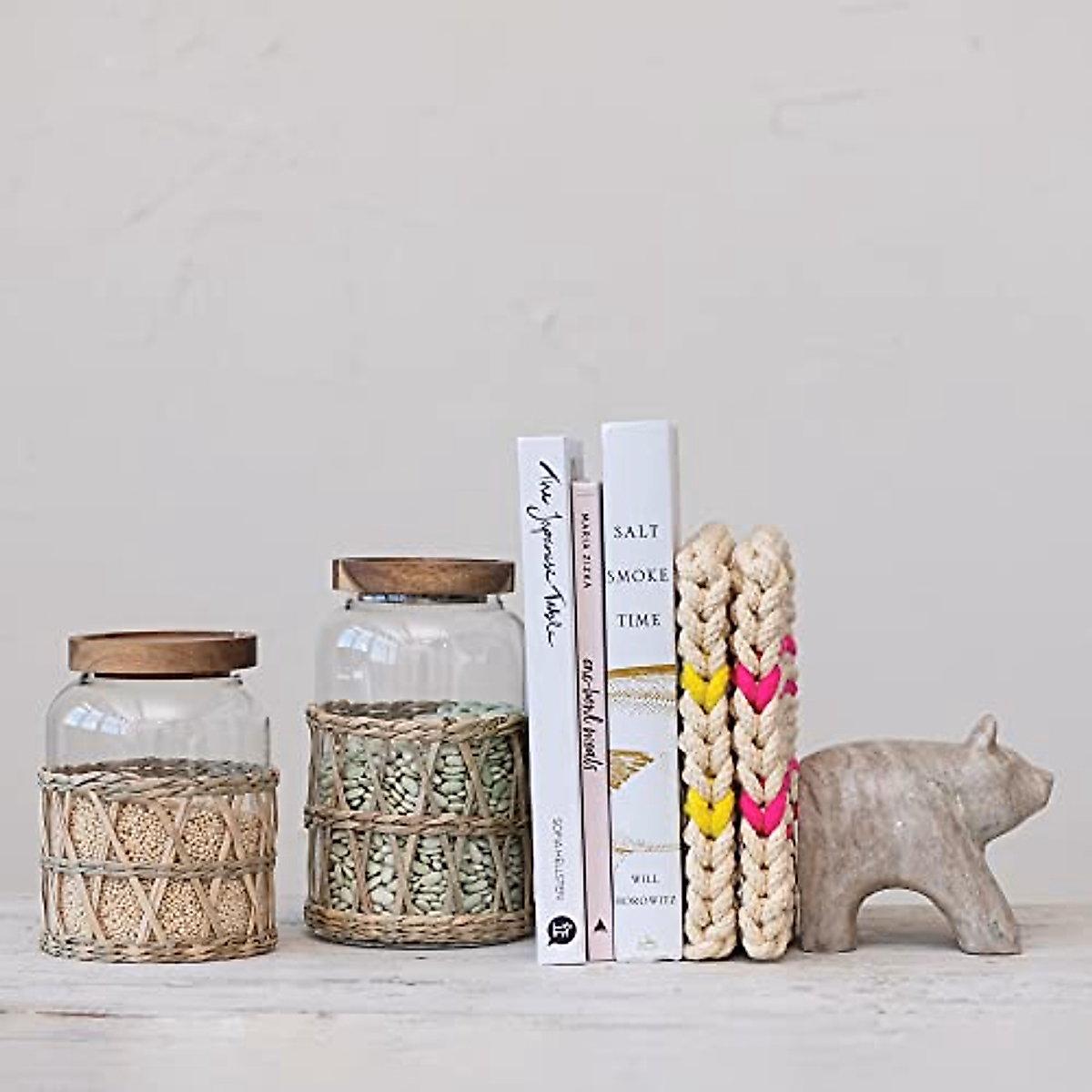 Creative Co-Op Boho Glass Storage Acacia Wood Lid, Natural Canister