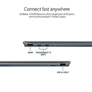 ASUS ZenBook 13 Ultra-Slim Laptop, 13.3” OLED NanoEdge, Intel Evo Platform i7-1165G7, 16GB, 512GB SSD, NumberPad, Thunderbolt 4, Wi-Fi 6, Windows 11 Pro, AI Noise-Cancellation, Pine Grey, UX325EA-XH74