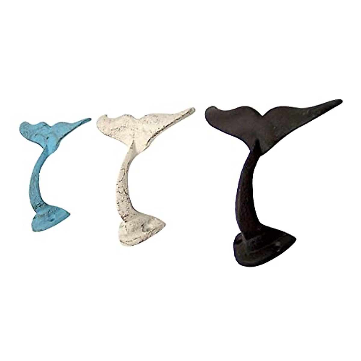 Cast Iron Whale Tail Wall Hooks, Assorted Colors, 5 Inches, Set of 3