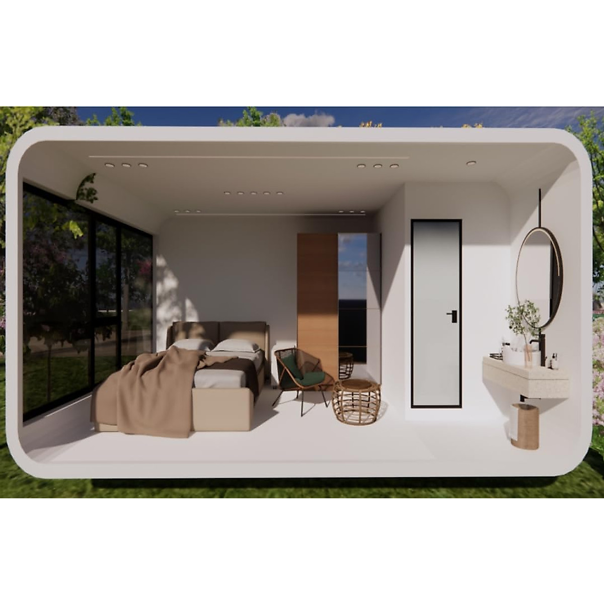 ZECTIQ Luxury Apple Cabin 20FT Prefab House, Bedroom and Bathroom with Shower, Fully Equiped, Premium Glass Windows and Door