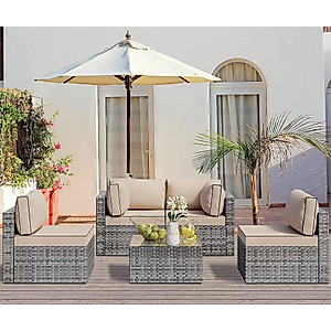 Walsunny Patio Furniture Set, 5 Pieces Outdoor Sectional Sofa Wicker Conversation Sets with Tea Table and Patio Couch Cushions(Khaki)
