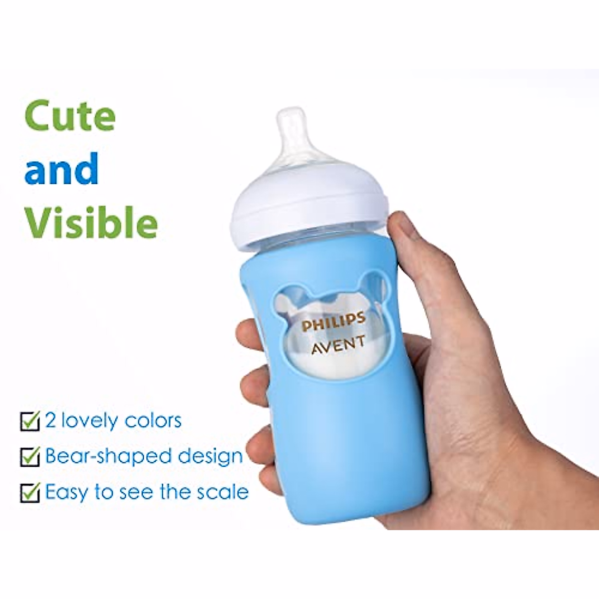 100% Silicone Baby Bottle Sleeves for Philips Avent Natural Glass Baby Bottles, Premium Food Grade Silicone Bottle Cover, Cute Bear Design, 8oz, Pack of 2 (Blue and Turquoise)