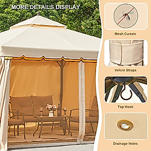 Erommy 10' x 12' Outdoor Canopy Gazebo, Double Roof Patio Gazebo Steel Frame with Netting and Shade Curtains for Garden, Patio, Party Canopy, Beige