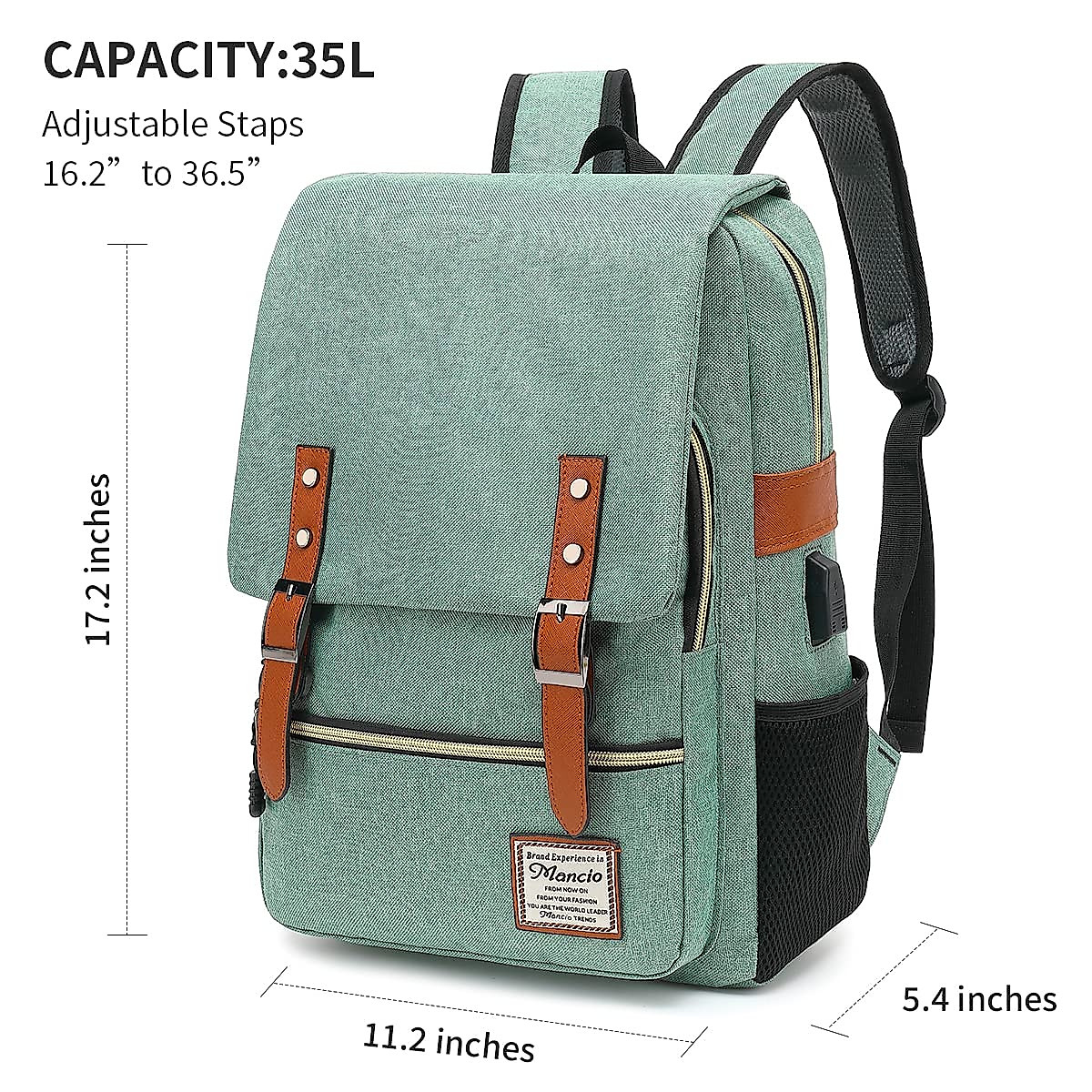 Mancio Vintage Slim Laptop Backpack for Women Men,Tear Resistant Business School College Bag with USB Charging Port, Green.