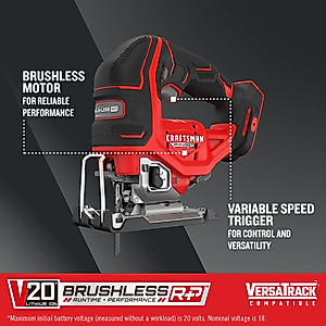 CRAFTSMAN V20 RP Cordless Jig Saw, 3 Orbital Settings, Up to 3,200 SPM, Variable Speed Keyless, Bare Tool Only (CMCS650B)