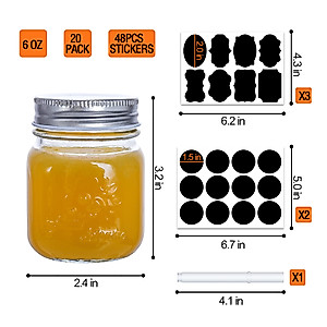 Small Mason Jars with Labels, 6 OZ Glass Jars with Metal Lids, Overnight Oats Jars , Regular Mouth Mason Bottle, Pint Canning Jars, Mini Glass Storage for Jelly, Candy, Jam, Honey, Pickle (20units)