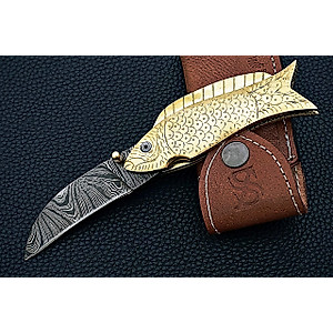 Smart & Sharp Custom Handmade Damascus Steel Fish Knife/Folding Knife/Pocket Knife SS-17370(Brass Engraved Handle) (brass)