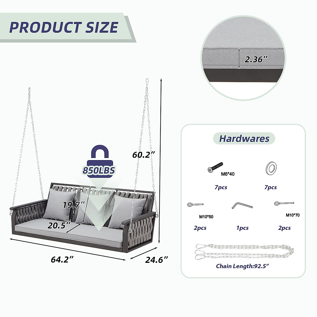 RYNSTO 3-Seat Woven Rope Hanging Porch Swing Outdoor, Metal Iron Patio Bench Swing with Cushions, Hanging Chains 850 LBS Weight Capacity for Deck, Back Yard, Lawn (4.5FT, Grey)