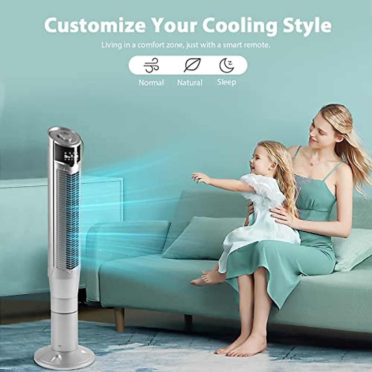 Antarctic Star Tower Fan Oscillating Fan Quiet Cooling Remote Control Powerful Standing 3 Wind Modes Bladeless Floor Fans Portable Bladeless Height Adjust, 8 Wind Speed Bedroom Office 47-Inch Silver