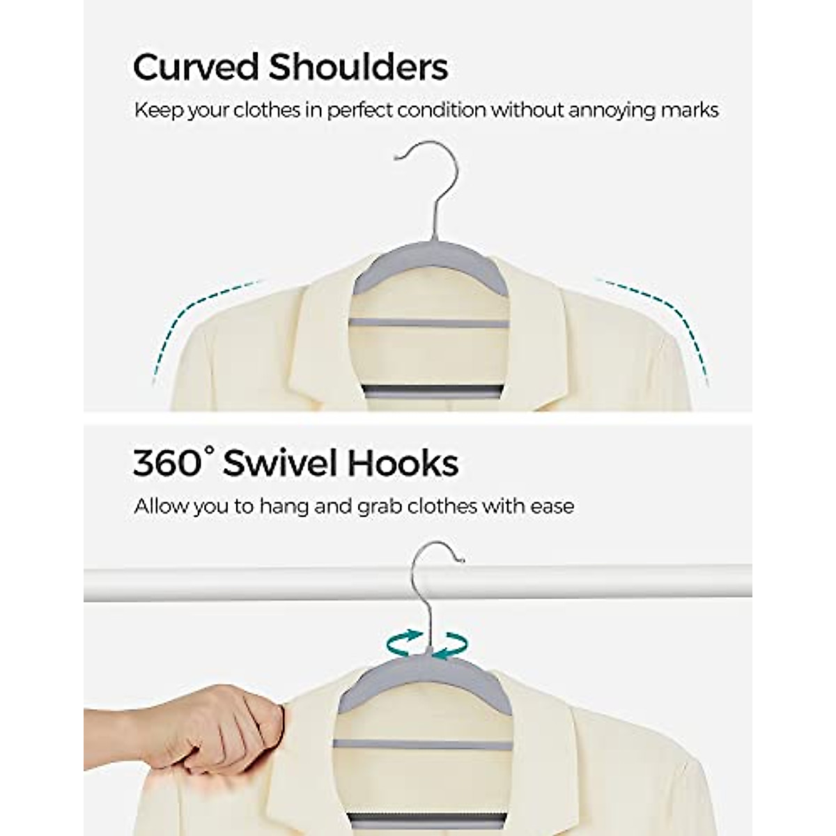 SONGMICS Pack of 50 Coat Hangers, Heavy-Duty Plastic Hangers with Non-Slip Design, Space-Saving Clothes Hangers, 16.5 Inches Wide, 360° Swivel Hook, Gray and Silver UCRP20G50