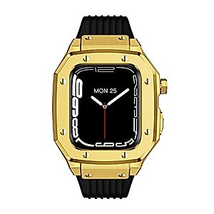 XIRIXX For Apple Watch Band Series 44mm Men Alloy Watch Case 45mm 42mm Metal Frame Modification Mod Kit Accessories For IWatch Series 8 7 6 5 4 SE Cover (Color : Black gold, Size : 44mm)
