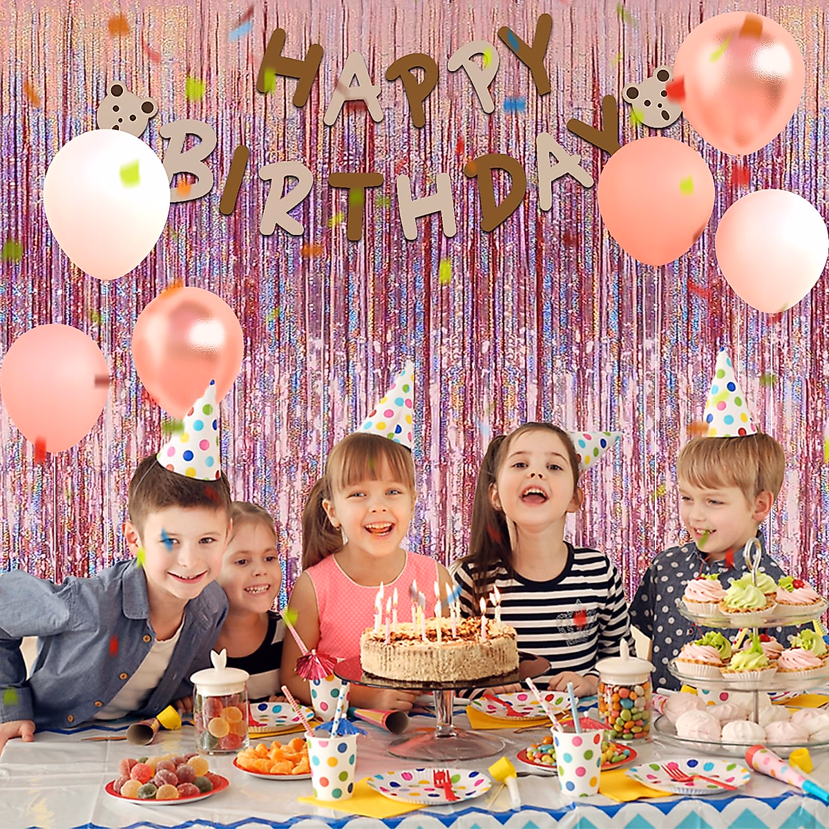 Nipeito-2 Packs Rose Gold Metallic Tinsel Foil Fringe Curtains-Glitter Foil Fringe Streamer Backdrop Curtain Door Streamers for Birthday Party Decorations,Engagement Party,Anniversary,Bridal Shower