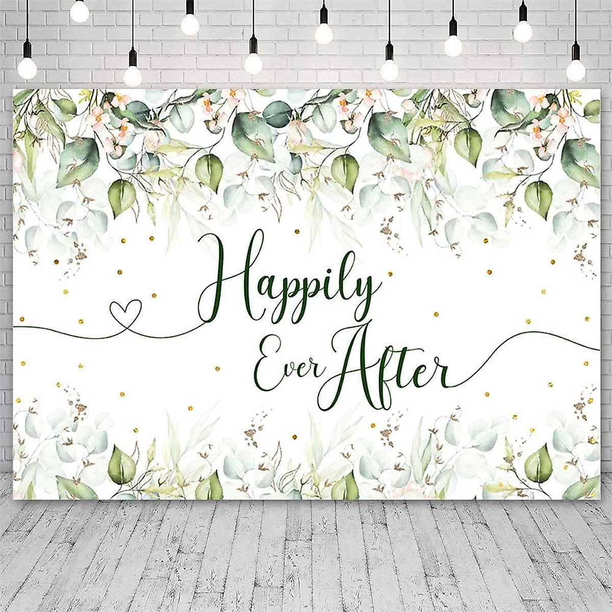 AIBIIN 7x5ft Happily Ever After Backdrop for Wedding Eucalyptus Leaves Gold Dots Photography Background Bridal Shower Wedding Party Decorations Banner Photo Props