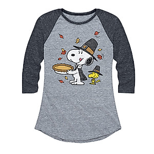 Peanuts Women's Hybrid Apparel Thanksgiving Scene Raglan Graphic T-Shirt, Athletic Heather/Heather Black, Small