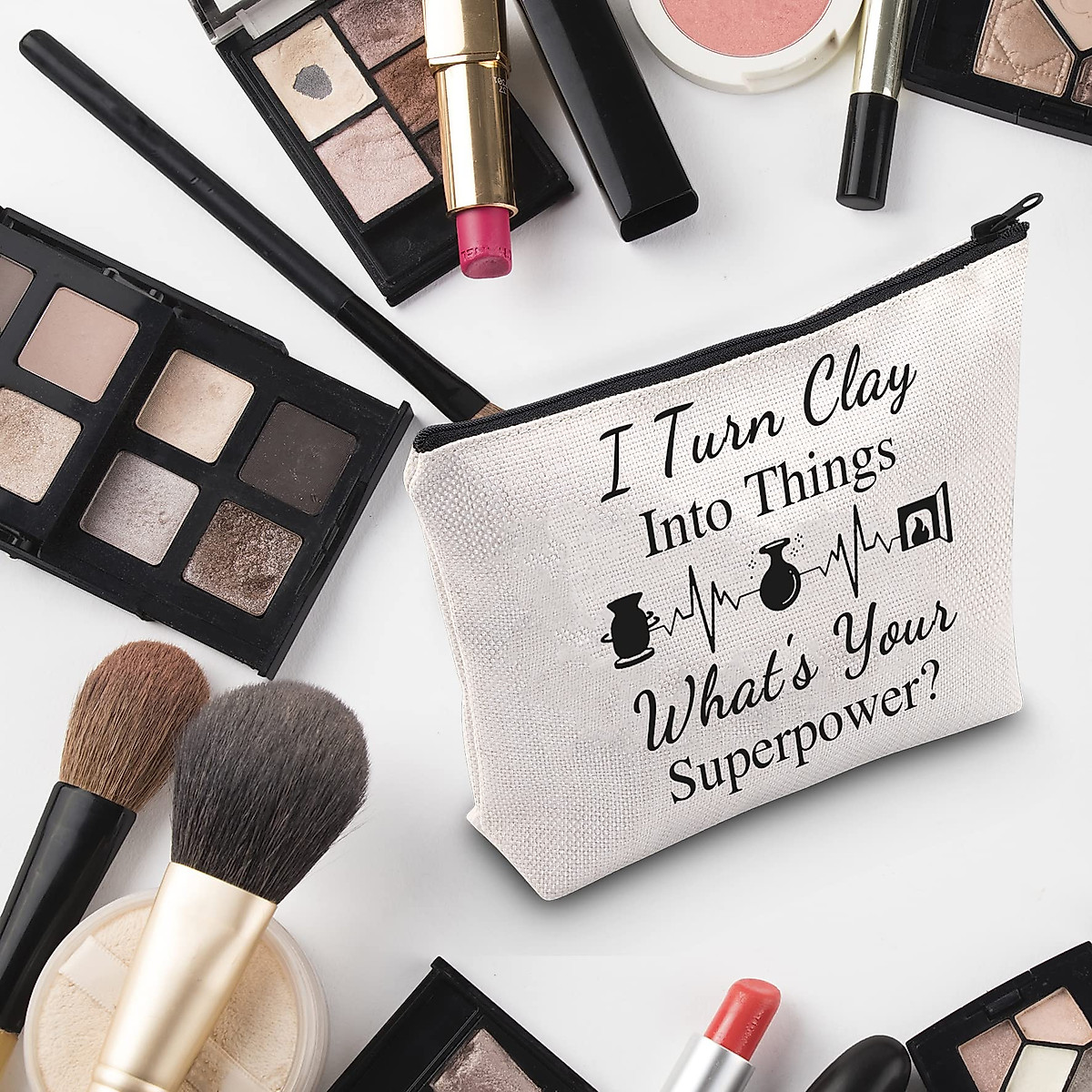 G2TUP Ceramic Artist Gift I Turn Clay Into Things Makeup Bag Potter Pottery Art Cosmetic Bag Pot Making Lover Gift Pottery Artist Zipper Travel Bag (I Turn Clay Into White Bag)