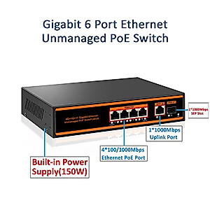 YIDUOYUNCAI 5 Port Gigabit PoE Switch,4*1000Mbps PoE Port+1 Uplink Gigabit Port,1*1000Mbps SFP Slot,150W,802.3af/at,Metal Fanless,VLAN,Unmanaged Plug and Play