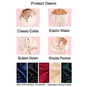 SWOMOG Men Silk Satin Pajamas Set Button Down Sleepwear Short Sleeve Pjs Set Soft 2 Piece Lounge Set Nightwear with Pockets Black Medium