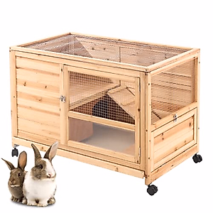 YOLENY Rabbit Hutch, Wooden Small Animal Cage, Bunny Hutch Indoor Rabbit Cage, Outdoor Guinea Pig Cage Hedgehog Cage, Removable Tray, Safety Lock, Galvanized Mesh Wires, Access Ramps
