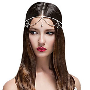 Rhinestone Waterdrop Head Chain Headwear Crystal Forehead Headband Wedding Bridal Hair Chain Headpiece for Women Hair Jewelry (Silver 2)