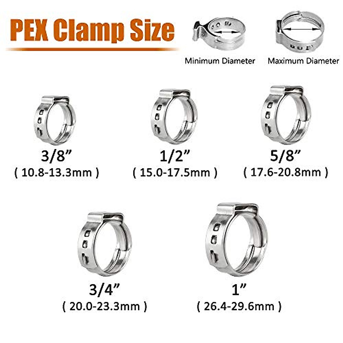 Pex Clamps, 50pcs 3/8 Inch 304 Stainless Steel PEX Cinch Crimp Rings Pinch Clamps for PEX Tubing Pipe Fitting Connections (3/8 Inch)