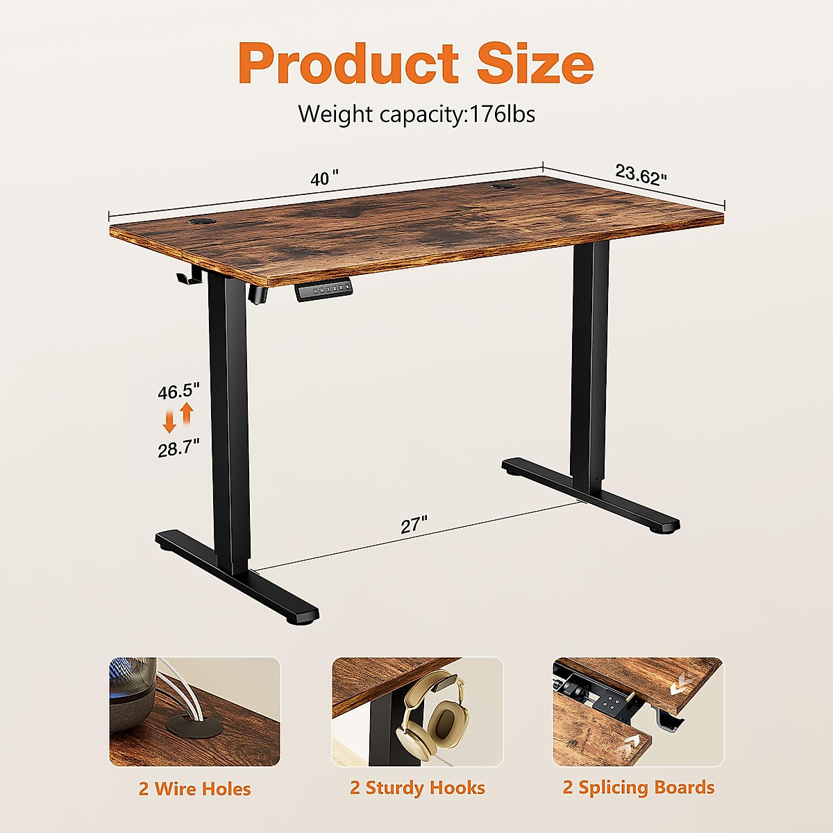 Sweetcrispy Electric Standing Desk - 40 x 24 inch Adjustable Height Sit to Stand Up Desk with Splice Board, Rising Home Office Computer Table with 2 Hook and Wire Hole for Work