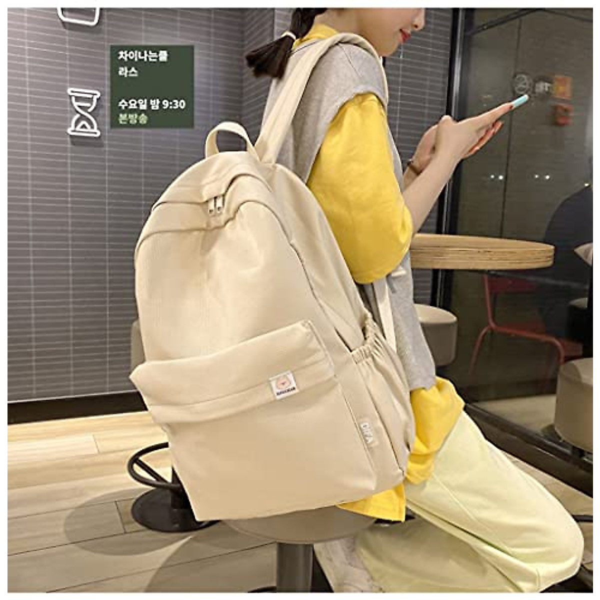 Sage Green Backpack for School, Aesthetic Backpack, Large-capacity Casual Rucksack Kawaii Backpack for Teen Girls (White)
