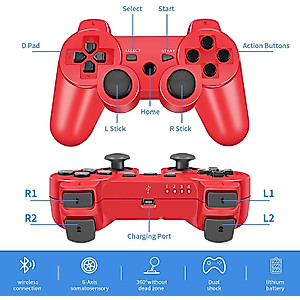 Rzzhgzq 2 Pack PS3 Wireless Controller Playstation 3 Controller Wireless Bluetooth Gamepad with USB Charger Cable for PS3 Console (SILVER+RED)