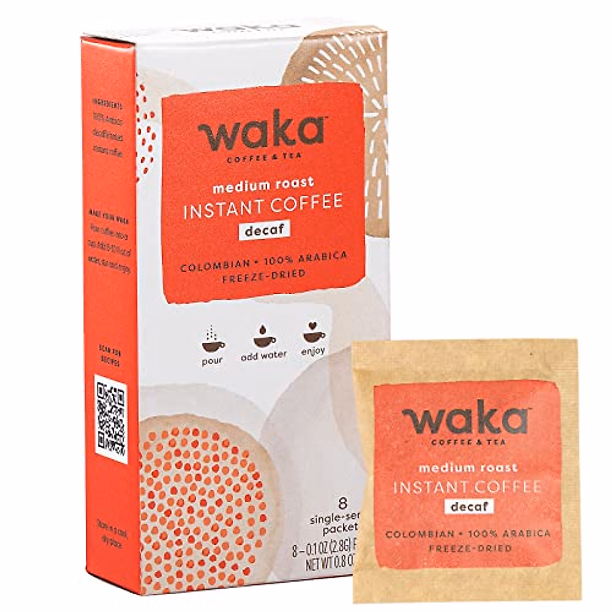 Waka Quality Instant Coffee — Decaffeinated Medium Roast — Arabica Beans & Freeze Dried — 8 Packets for Hot or Iced Premium Instant Coffee