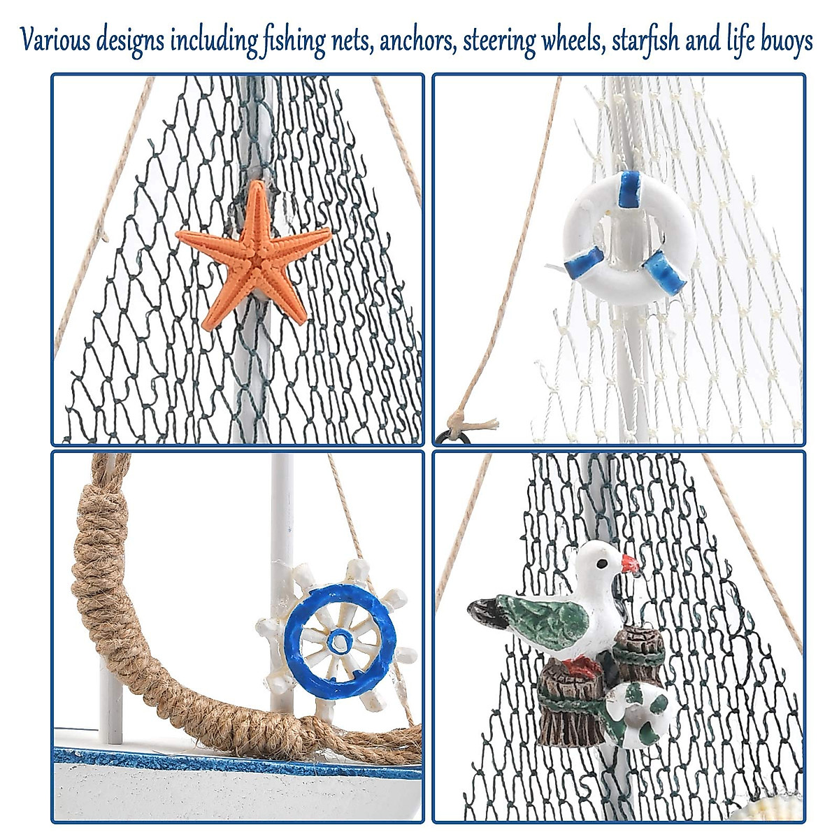 BUYGOO 4 Pack Mini Sailboat Model Decoration, Wooden Miniature Sailing Boat Home Decor Set, Beach Nautical Design, Navy Blue and White, for Ocean Theme Decoration, 4.3 x 5.3 x 1.25 Inches (4 Different Design)
