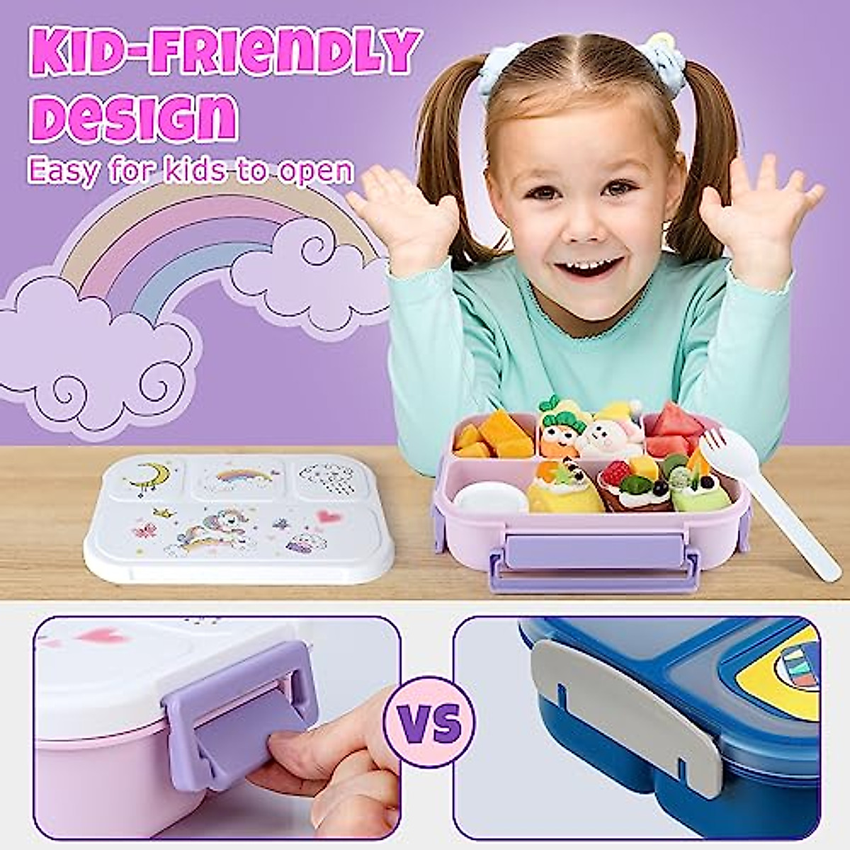 MaMix Bento Lunch Box for Kids, Lunch Box for Girls, Lunch Containers for Kids Toddlers Adults School | 4 Compartments |UPGRADE Easy to Open (Purple)