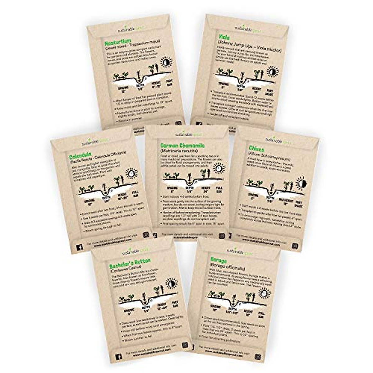 Edible Flower Seeds Variety 7 Pack — Nasturtium, Viola, Calendula, Chamomile, Chives, Bachelor Button, Calendula & Borage Seeds for Planting — Easy Growing Annual & Perennial Edible Flower Garden Kit