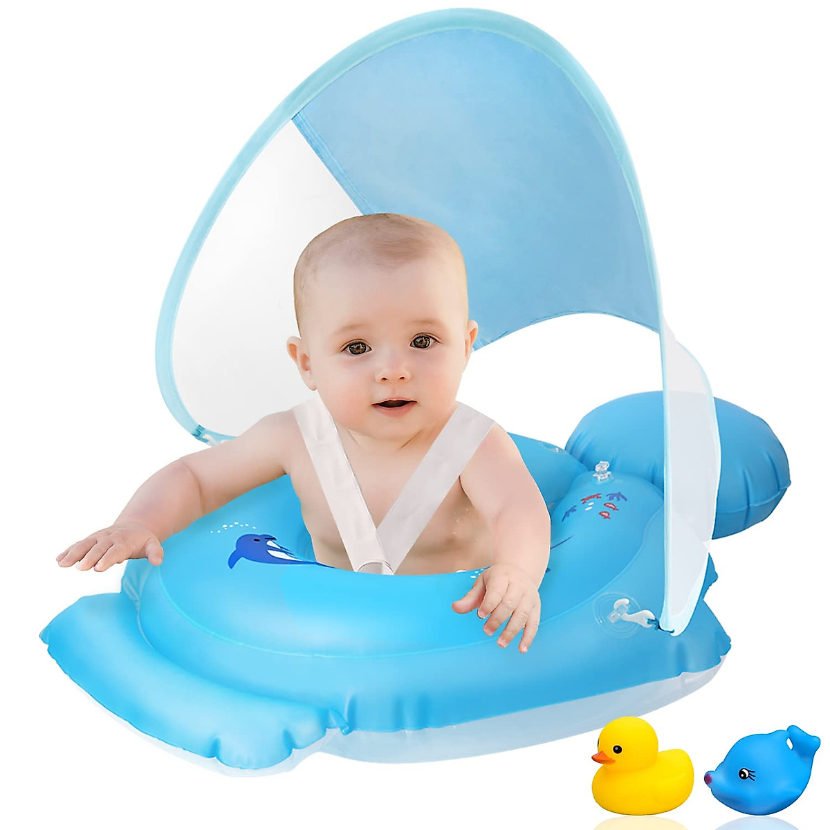 Baby Pool Float with Canopy, Baby Swimming Float Add Tail No Flip, Infant Pool Float, Inflatable Toddler Pool Float with Toys for Age of 3-36 Month (Large)