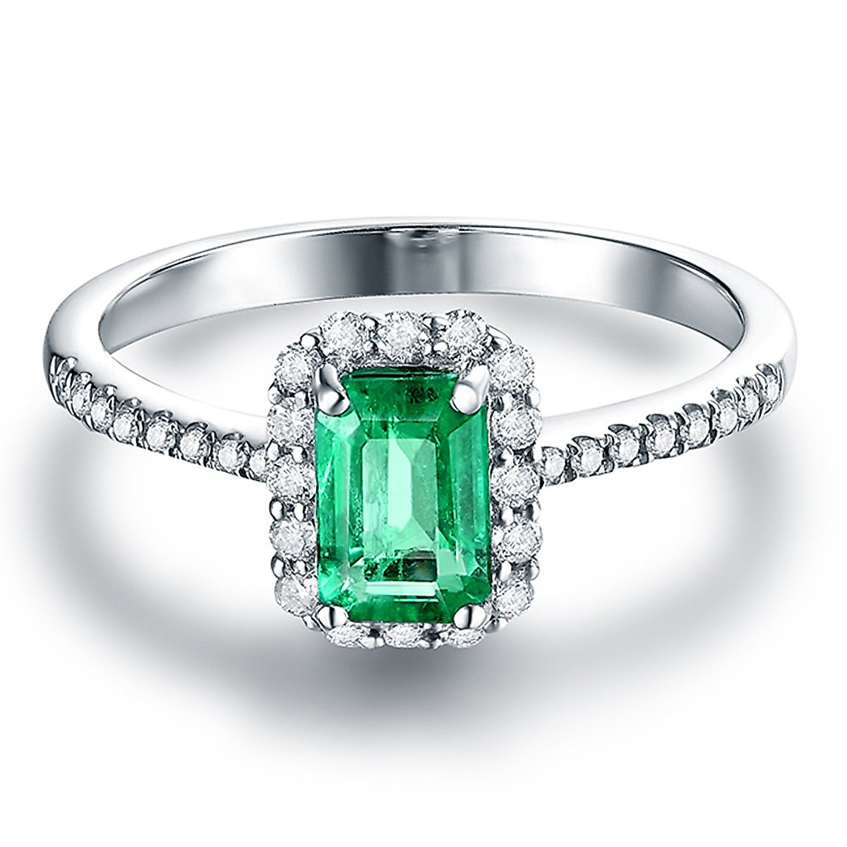 Lanmi 14K White Gold Natural Green Emerald Engagement Solitaire Rings Diamonds Wedding Band for Women Promotion