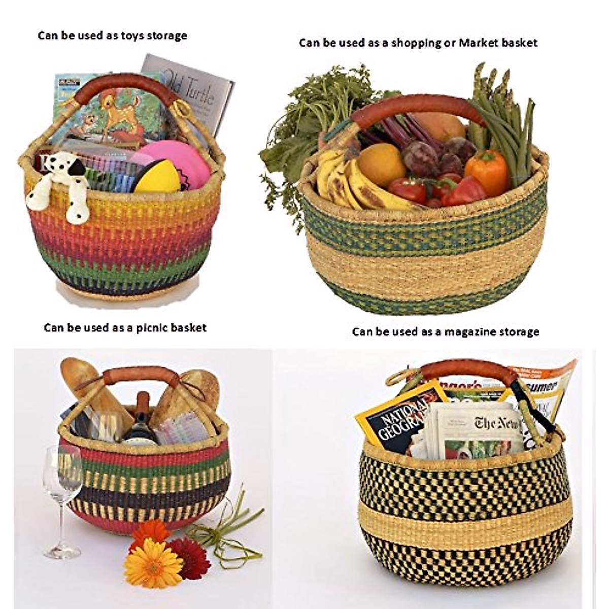 SHOPPING BASKET 14" - 16" HANDMADE GHANA BOLGA AFRICA - FAIR TRADE (COLORS VARY) 1 EA