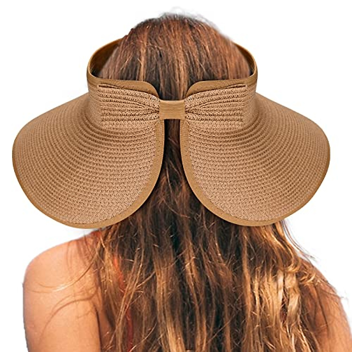 Women's Sun Visor Hats Wide Brim Straw Beach Hat Ponytail Hats for Women Foldable Floppy