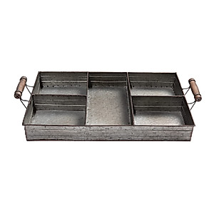 HOMPUS Galvanized Metal Storage Tray with Dividers Rustal Farmhouse Desk Organizer with Handle, Decorative Silverware Drawer Caddy with 5 Compartments for Home, Kitchen, Living Room or Office