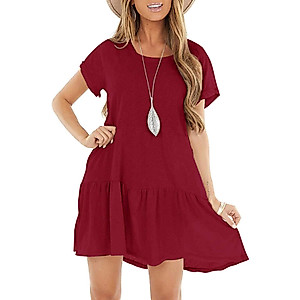Padaleks Women's Summer Short Sleeve Tunic Dress O Neck Solid Casual Flowy Pleated Loose Mini Dresses w/Pockets