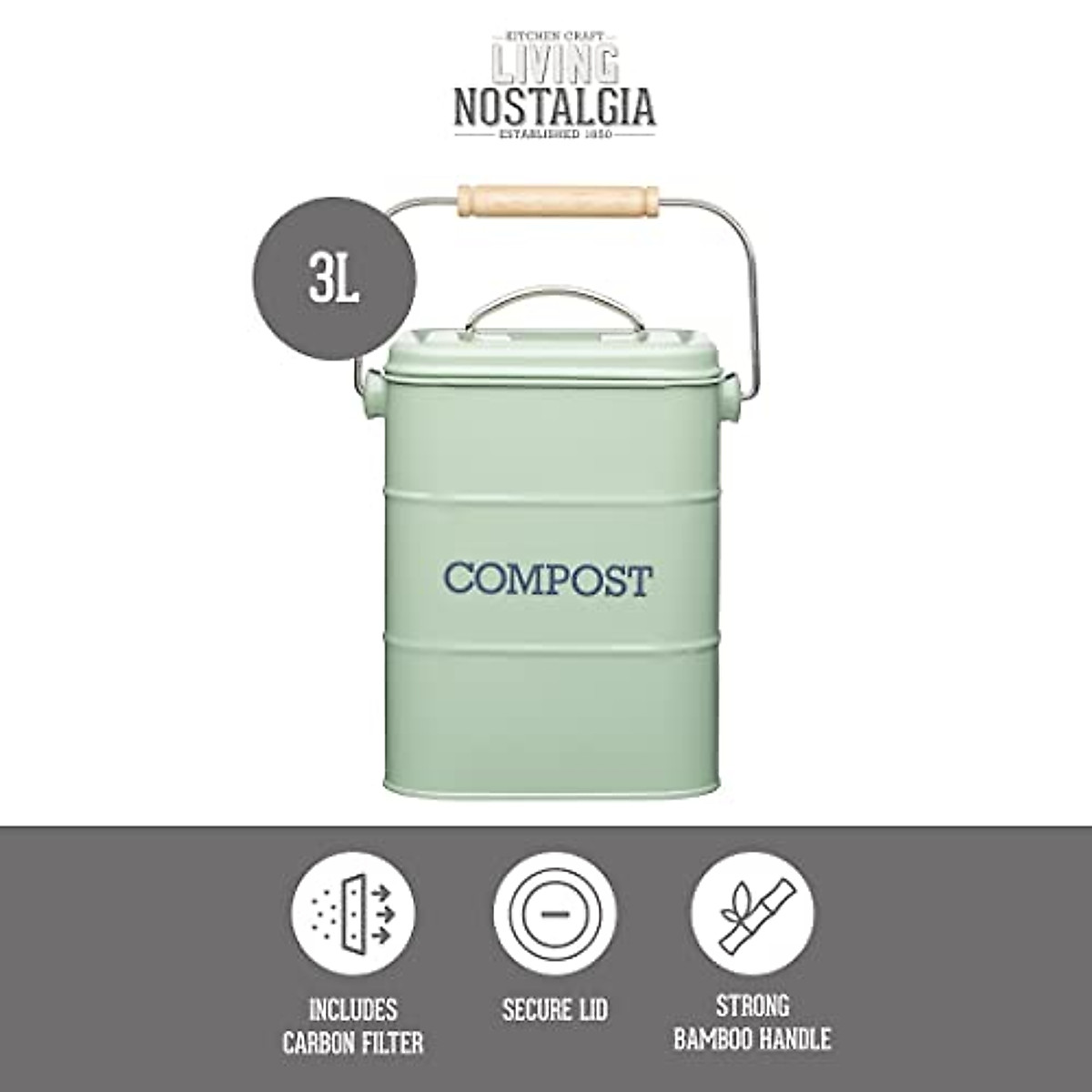 KitchenCraft Living Nostalgia Kitchen Compost bin Made of Metal, Steel, Green