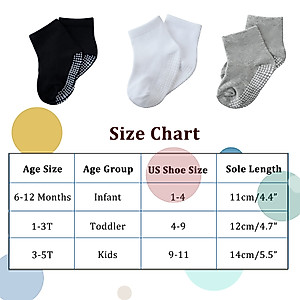 Tenpluszero Baby Crew Socks with Anti Slip Grips for Infants Toddlers Little Kids Boys Girls (9 Pairs - Black,White,Gray, 6-12 Months)